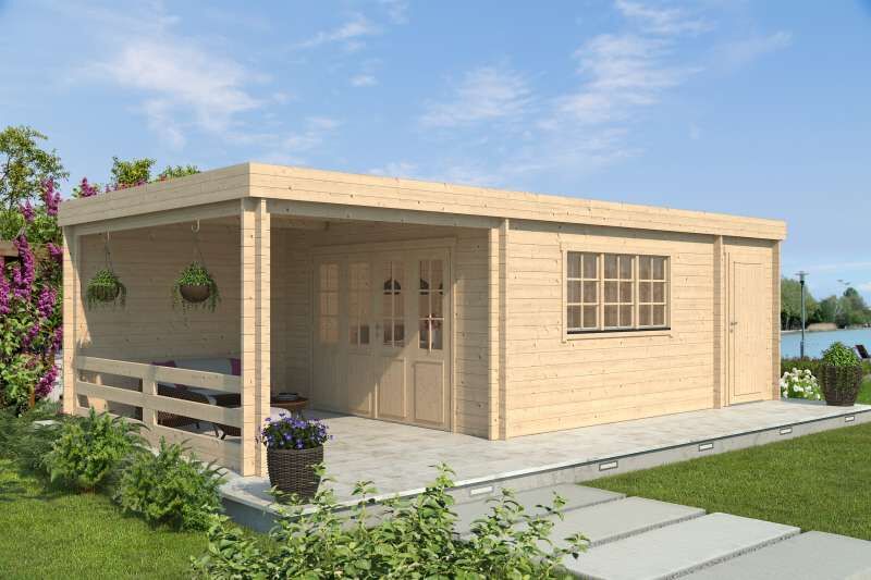 Modernes Gartenhaus aus Holz mit Anbau hier bestellen
