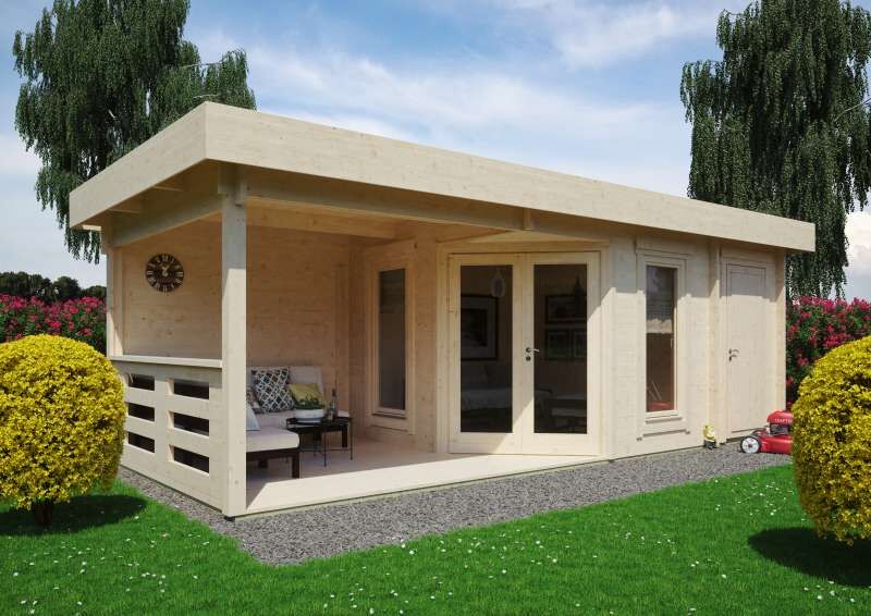 Modernes Gartenhaus aus Holz mit Anbau hier bestellen